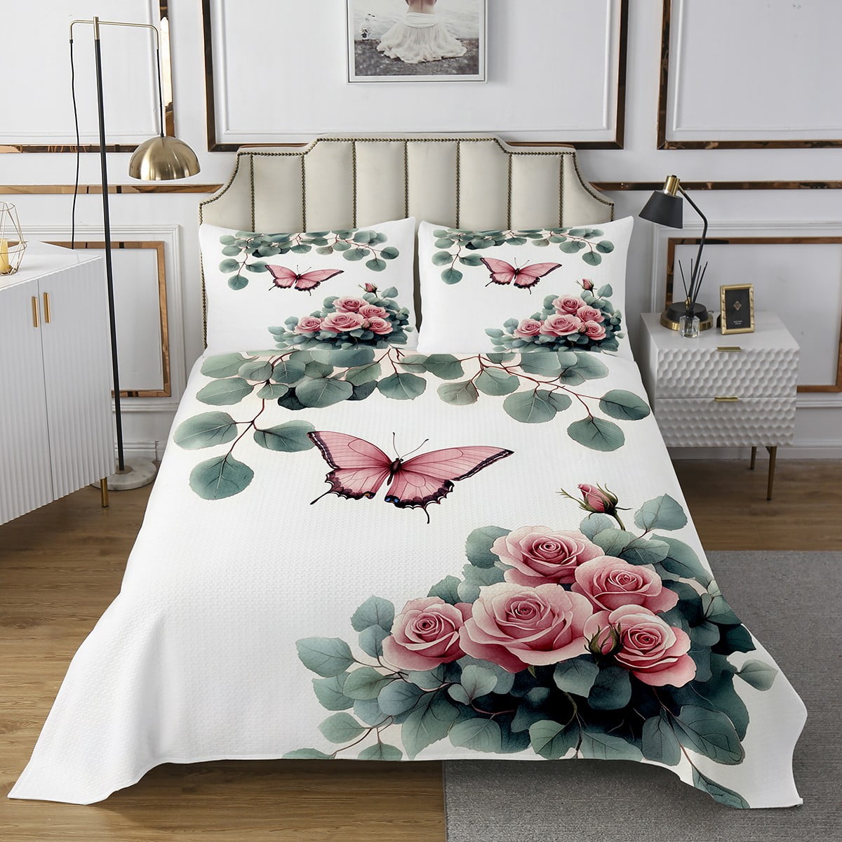 Pink Rose Floral Queen Quilt Set,Green Leaf Botanical Plant Bedding Set ...