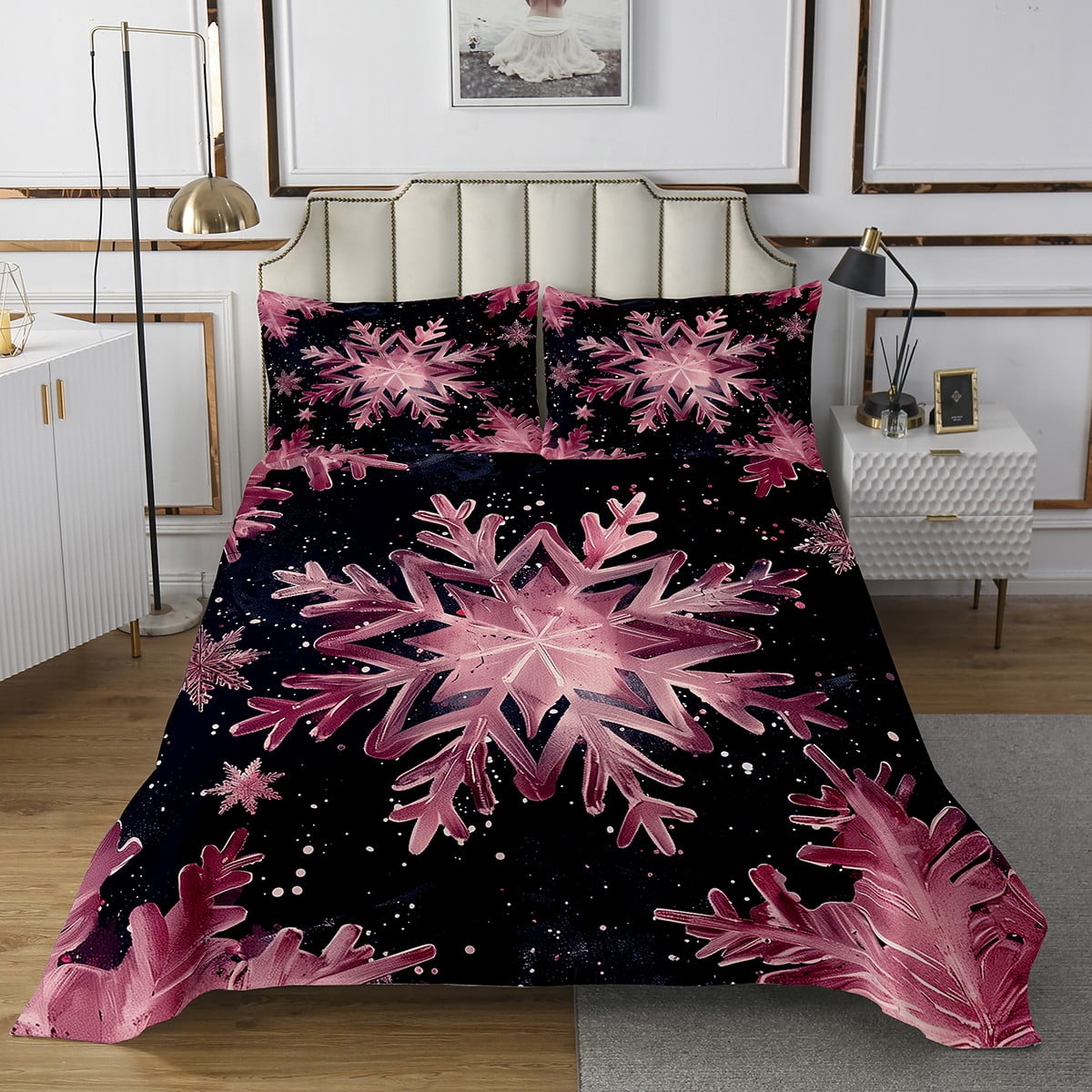 YST Pink Snowflakes Quilt Set Queen Romantic Christmas Bedspread Set ...