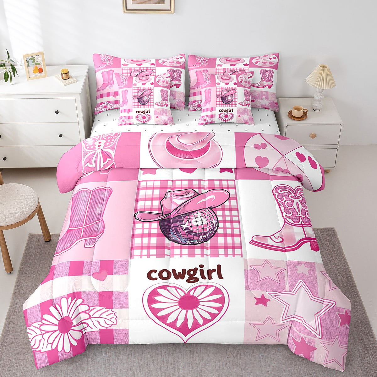 YST Pink Western Cowgirl Comforter Set 7 Piece King Cowboy Boots Hat ...