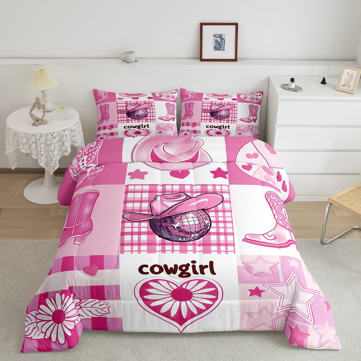 YST Pink Western Cowgirl Comforter Set King Cowboy Boots Hat Bedding ...