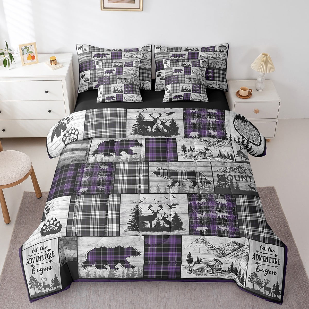 YST Plaid Bear Deer Comforter Set Rustic Cabin Bedding Set King Country ...