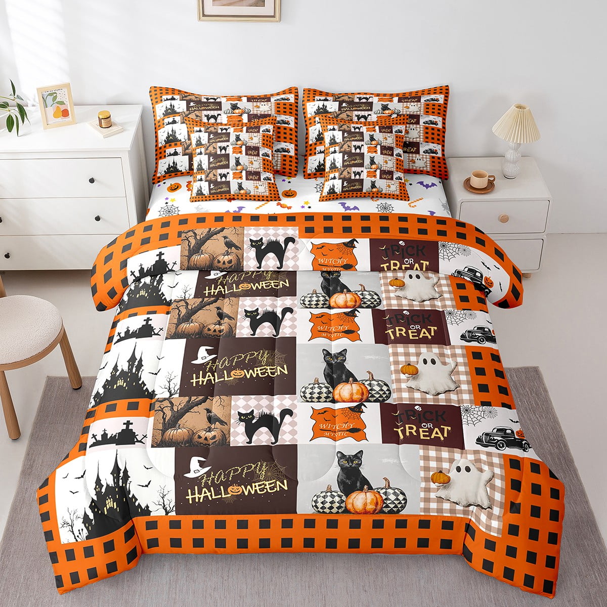 YST Plaid Halloween Bed In A Bag With Sheets Orange Cartoon Halloween ...