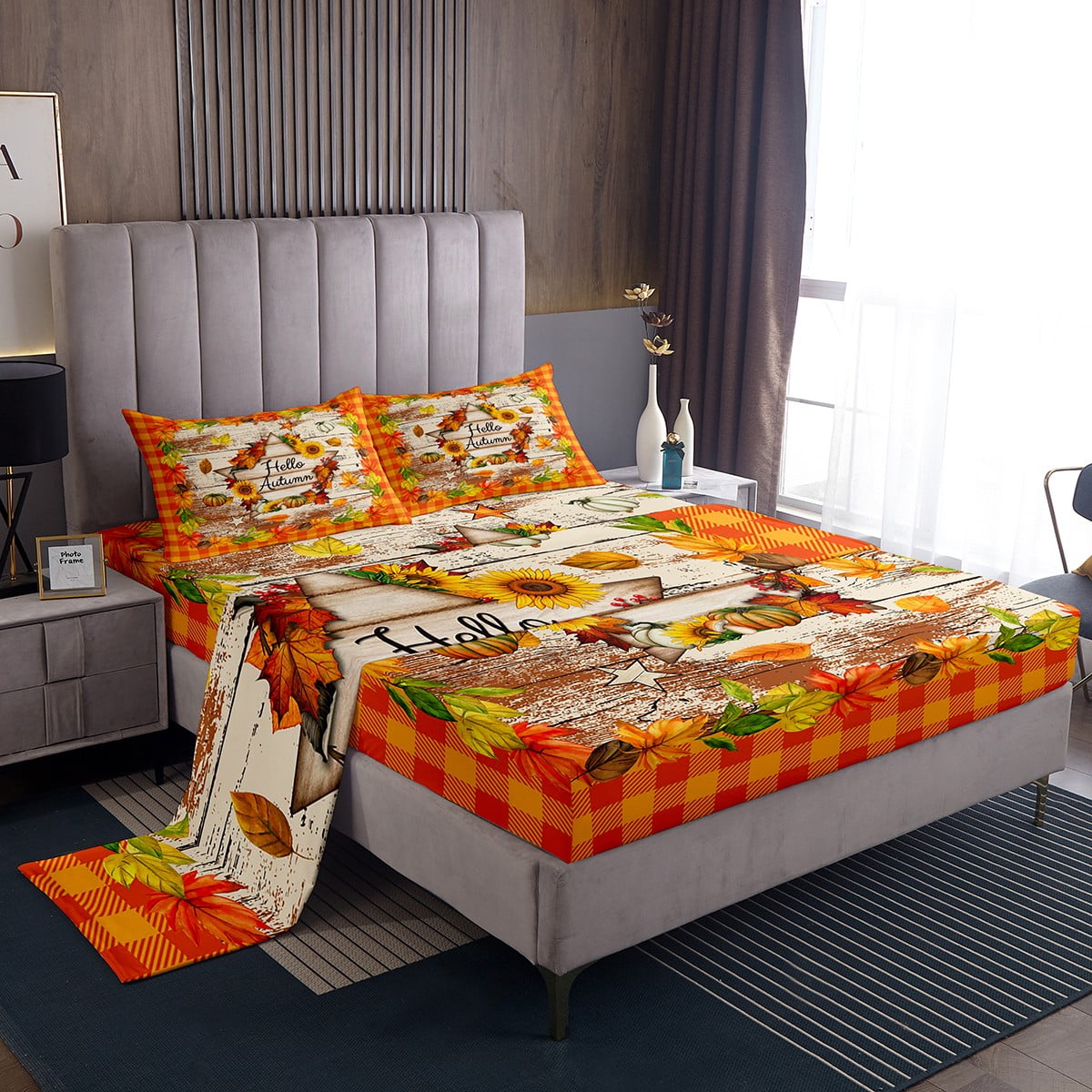 Plaid Pumpkin Sheet Set Rustic Farmhouse Fall Bed Sheets Thanksgiving ...