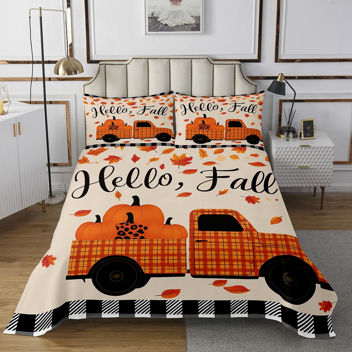 YST Plaid Pumpkin Truck Bedspread Set Fall Thanksgiving Harvest ...