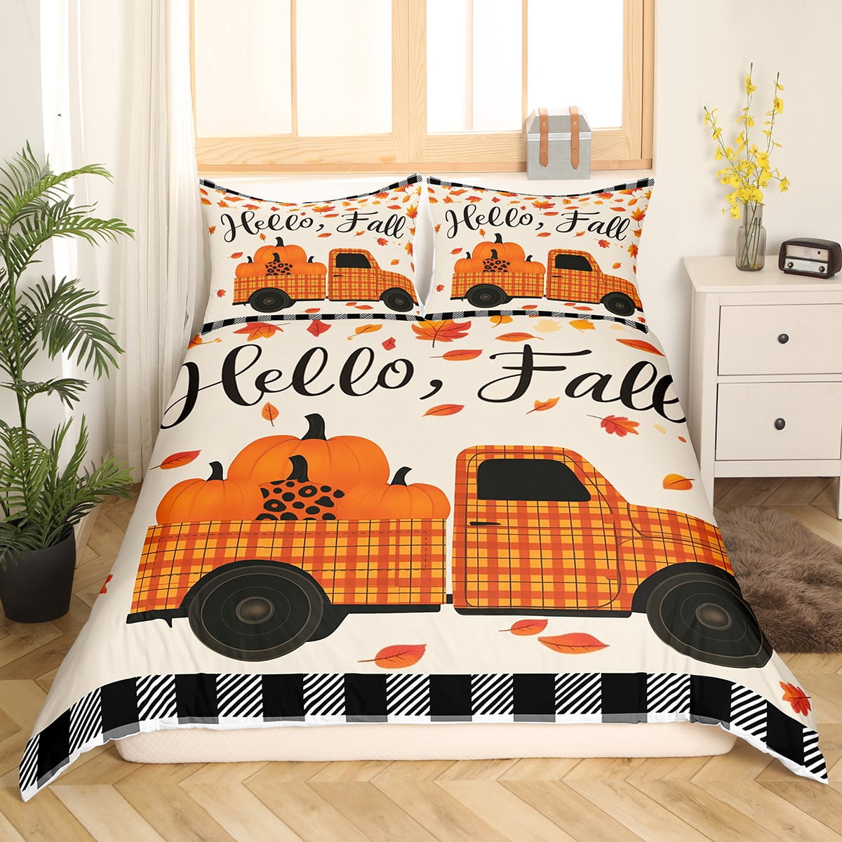 Plaid Pumpkin Truck Comforter Set Fall Thanksgiving Harvest Quilt Set ...
