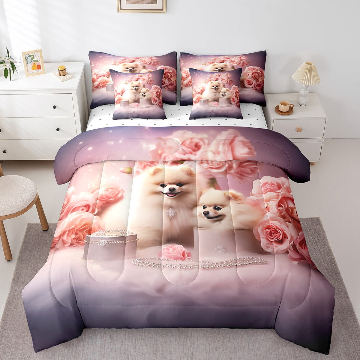 YST Pomeranian Dog Comforter Set Queen 7 Piece Cute Puppy Dog Bed in a ...
