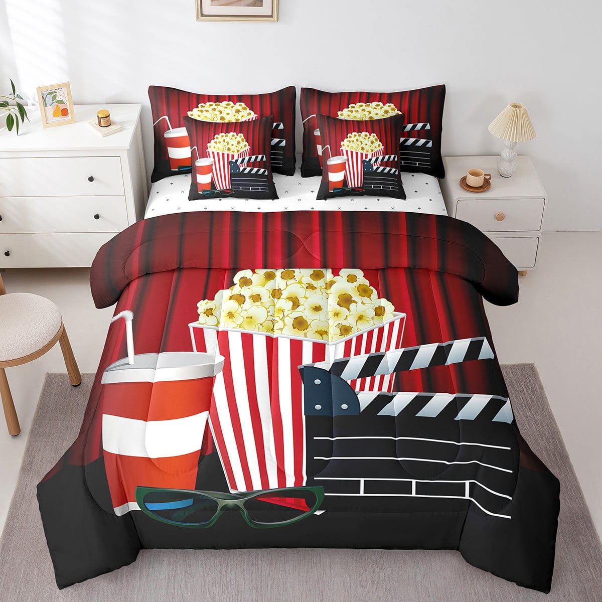Popcorn Bucket 7 Pcs Comforter Set King Soda Cup Bedding Set Clapboard ...