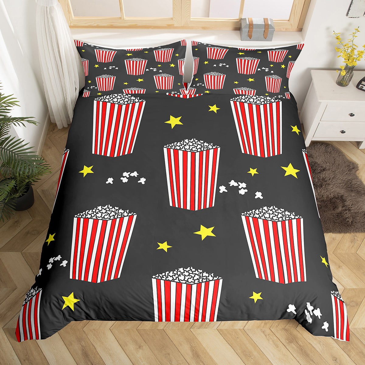YST Popcorn Duvet Cover Queen Movie Theme Bedding Set Hand Drawn Black ...