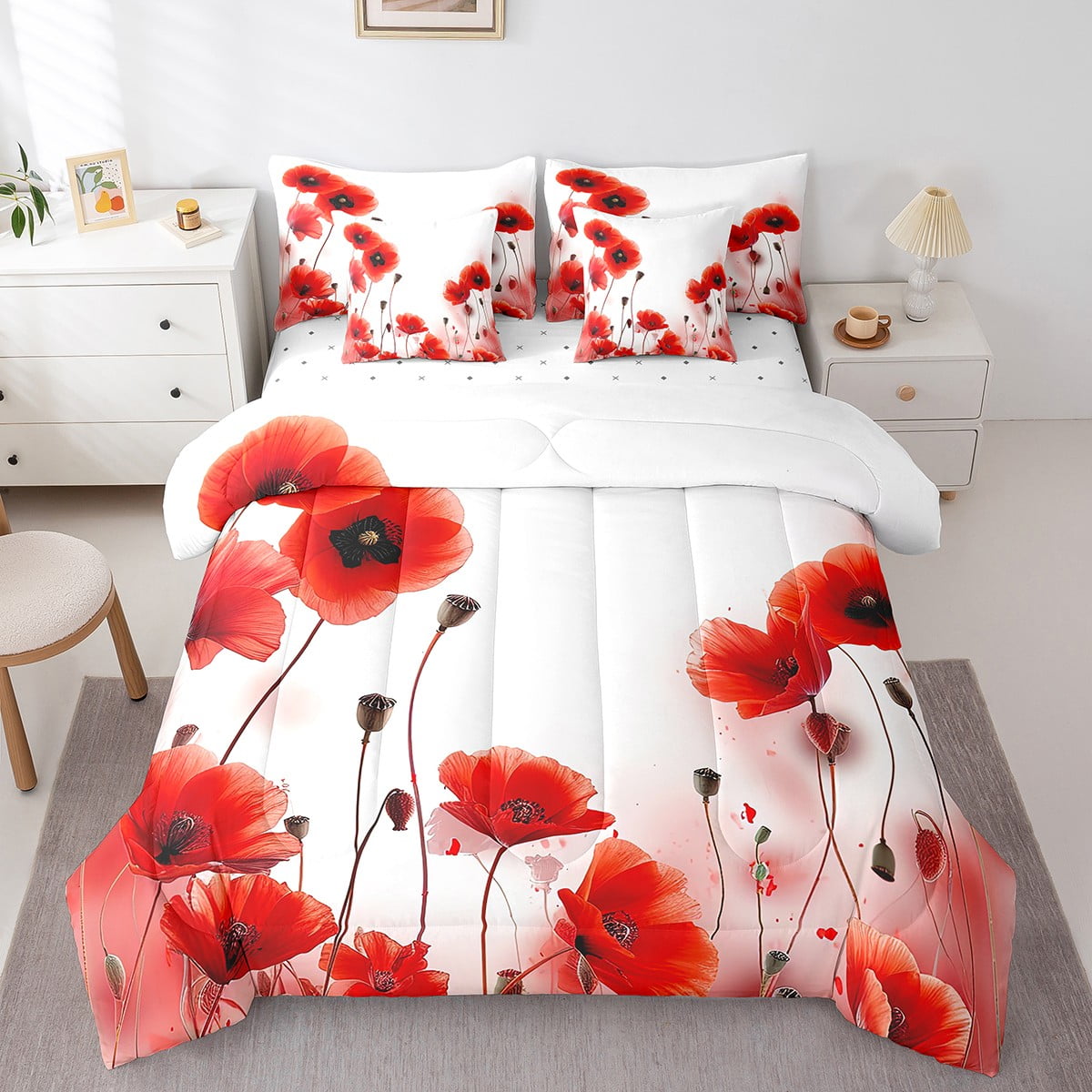 Poppy Comforter Set Full Size 7 Piece,Red Flower Bedding Set With ...