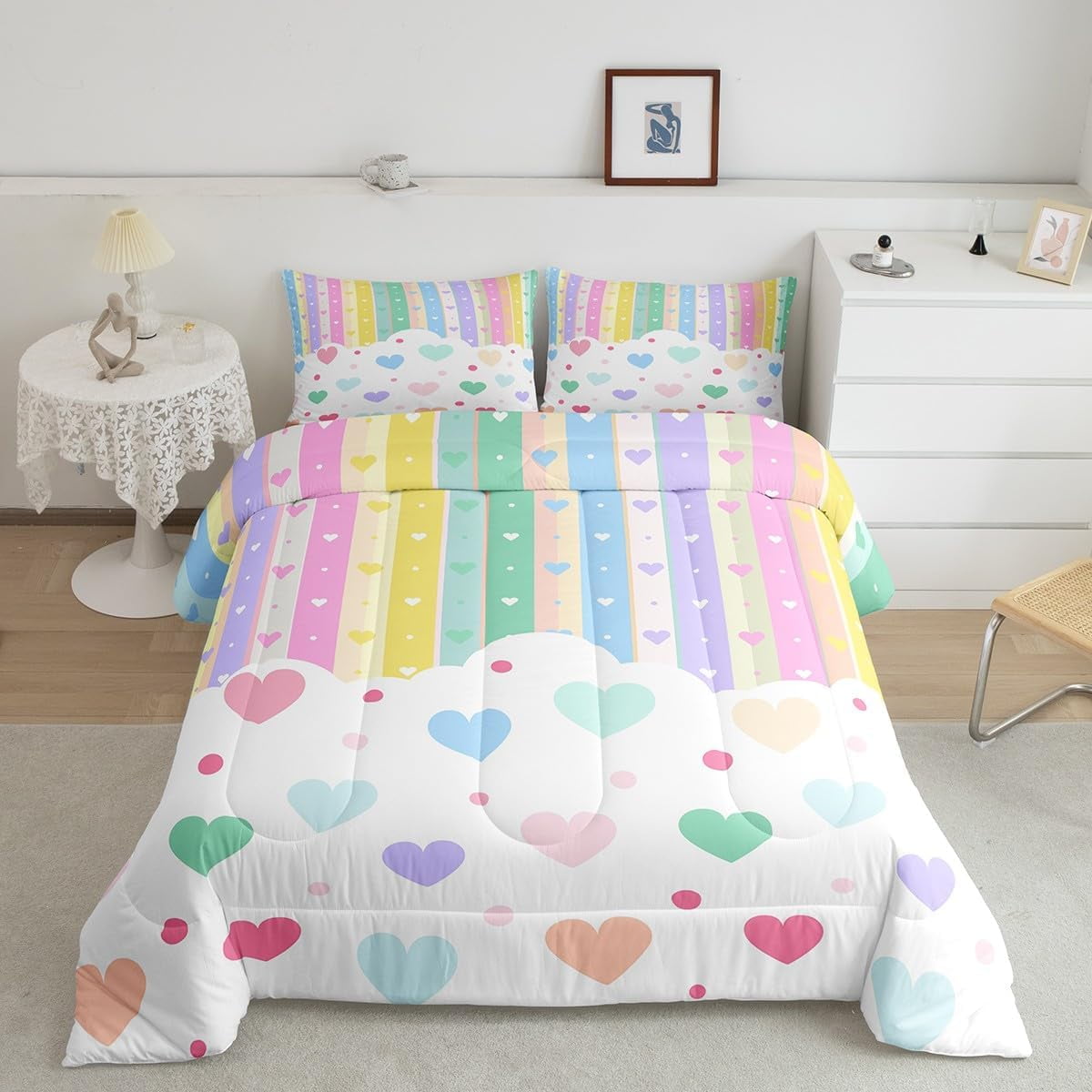 Pretty Rainbow Bedding Set Colorful Love Heart Comforter Twin Size Dot ...