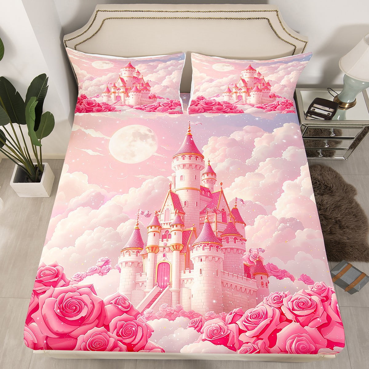 Princess Castle Fitted Sheet Full Romantic Rose Flowers Bed Sheets ...