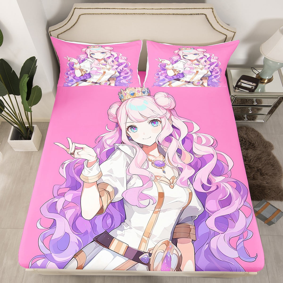 Princess Bedding Set Japanese Long Curly Hair Fitted Sheet Full Size 3D ...
