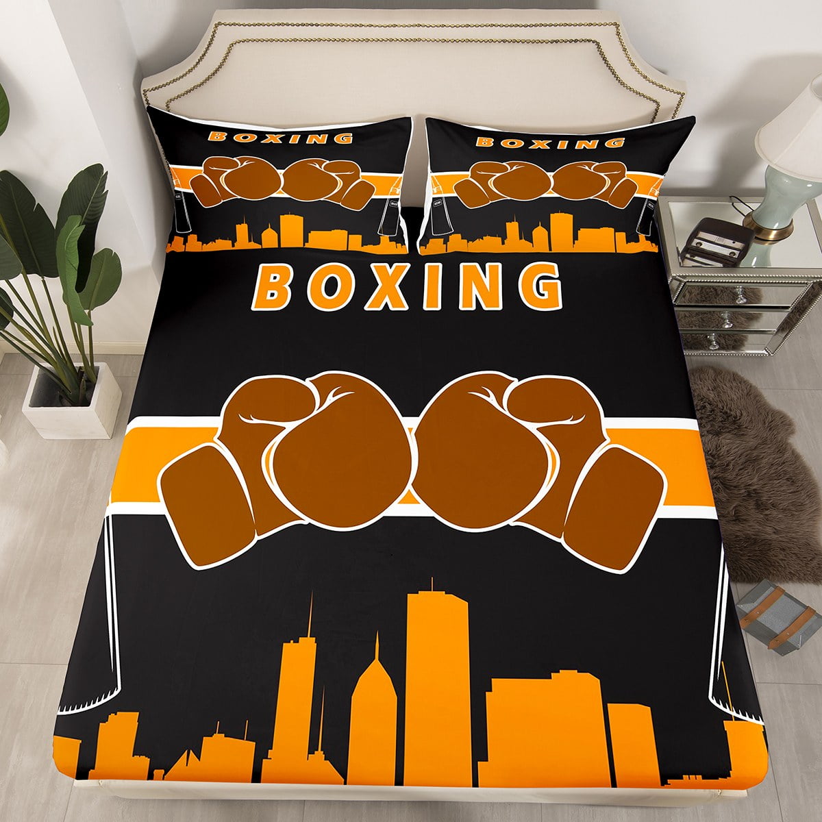 YST Pugilism Games Queen Fitted Sheet for Boys Men Black Yellow Sheets ...