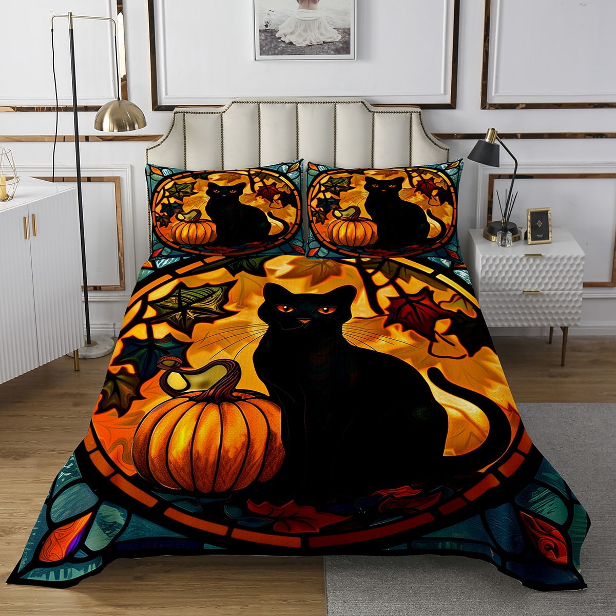 Pumpkin Black Cat Bedspread Set Queen Boho Style Fall Quilt Sets Autumn ...