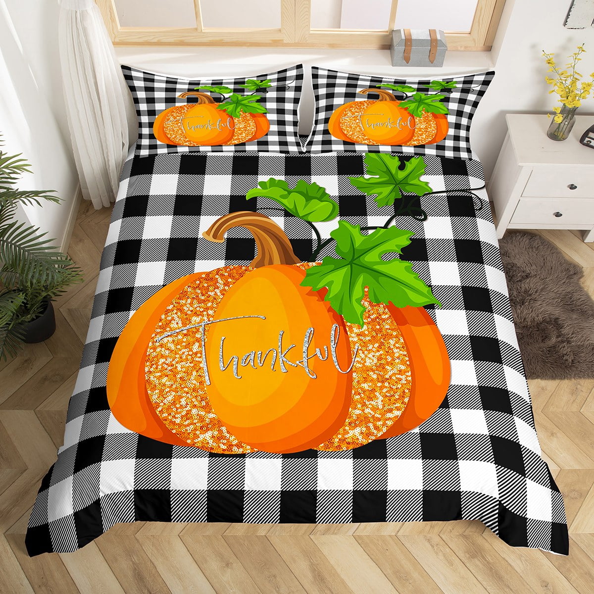 YST Pumpkin Duvet Cover Queen, Black And White Buffalo Plaid Bedding ...