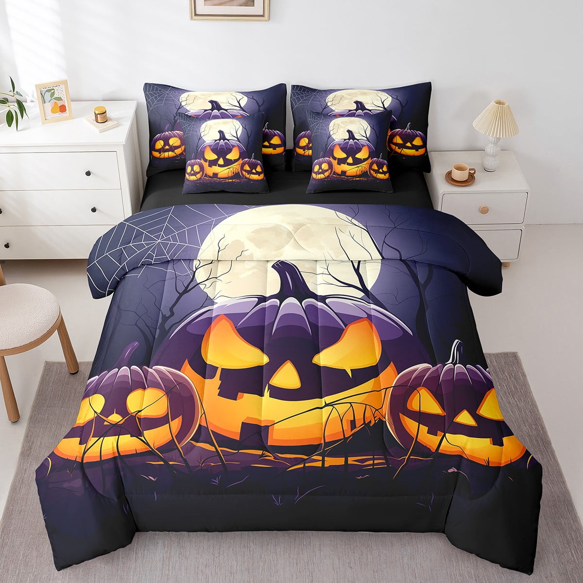 YST Pumpkin Twin Comforter Set 7 Piece,Purple Halloween Bed In A Bag ...