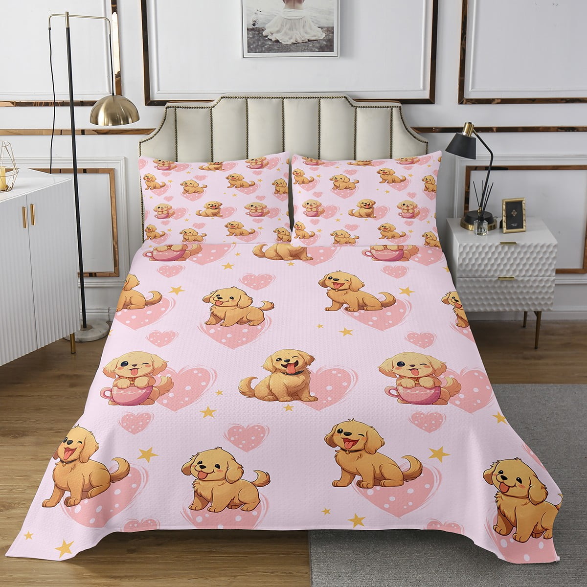 Puppy Dog Quilt Set Twin,Golden Retriever Coverlet Set,Cartoon Dogs ...