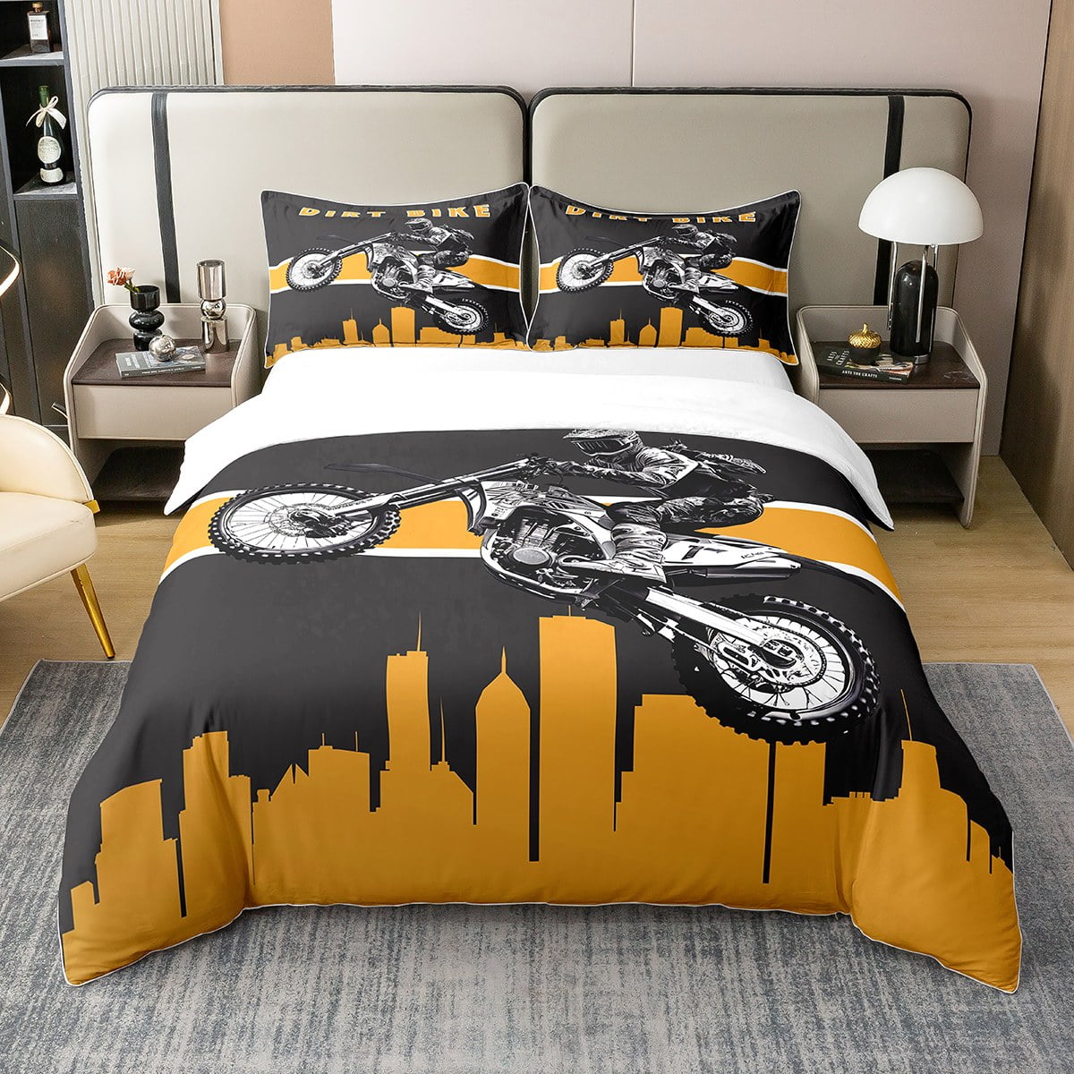 YST Pure Cotton Black Yellow Bed Set Cross Bike Duvet Cover Twin Size ...