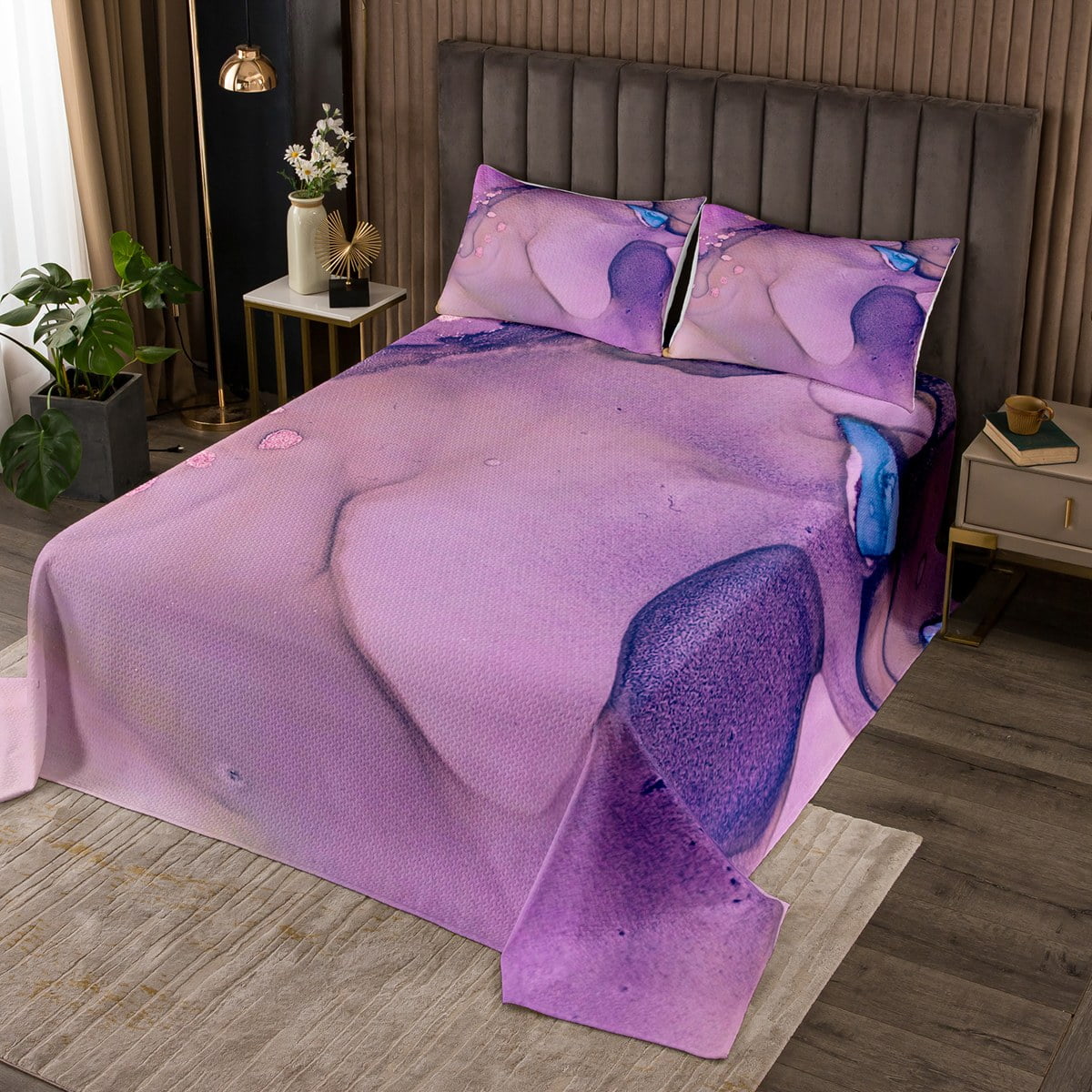 YST Purple Bedspread Set Queen Watercolor Marble Pattern Quilt Set Neon ...