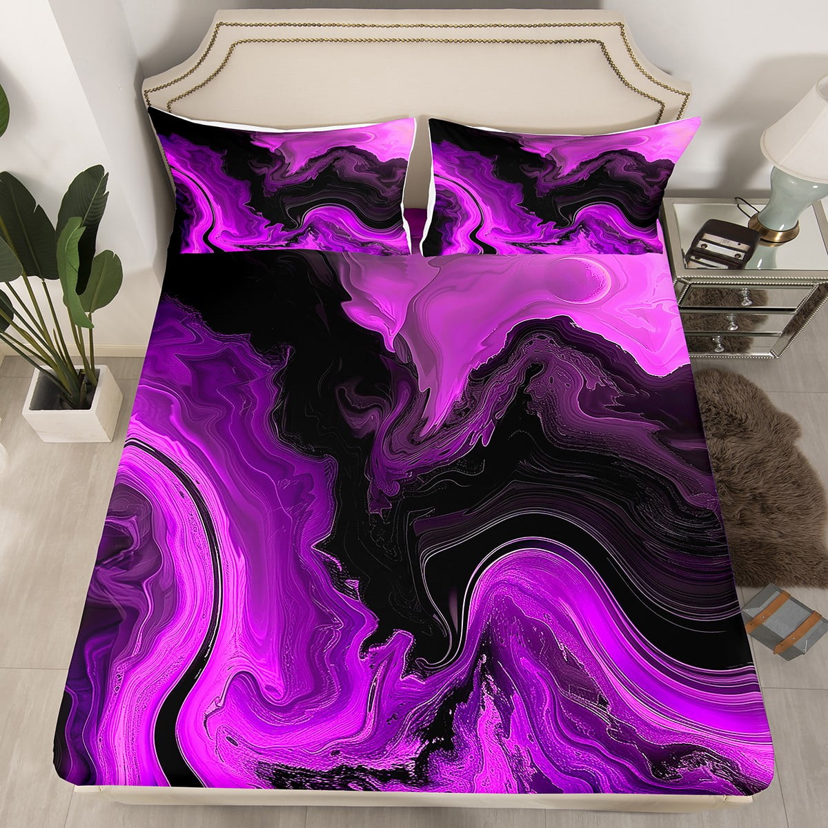 YST Purple Black Marble Bed Sheets Modern Abstract Art Fitted Sheet ...