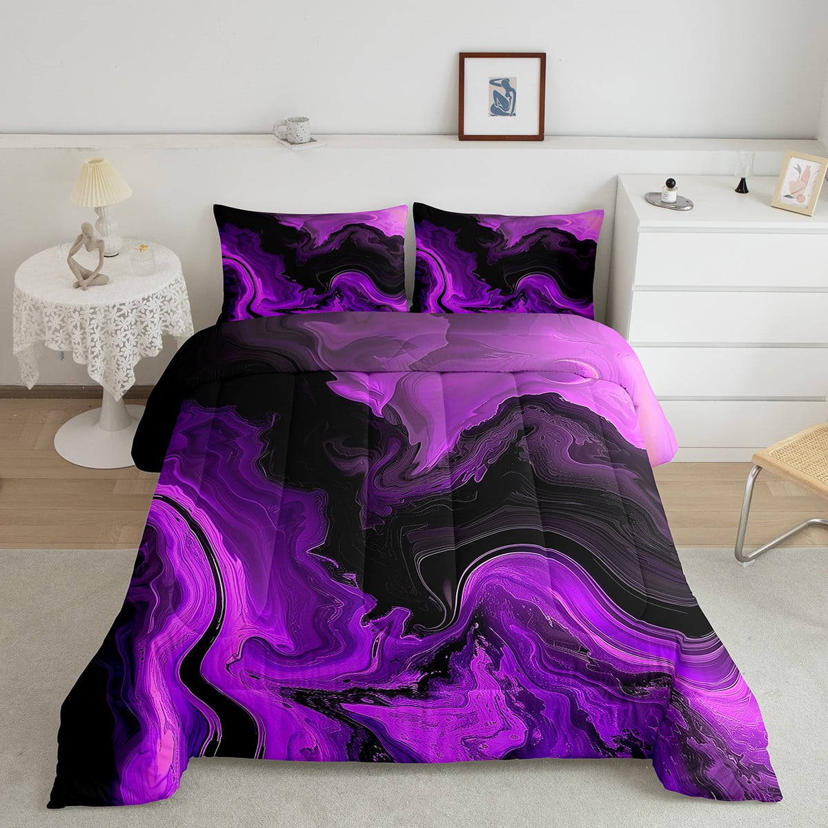 Purple Black Marble Bedding Set Queen Modern Abstract Art Comforter Set ...