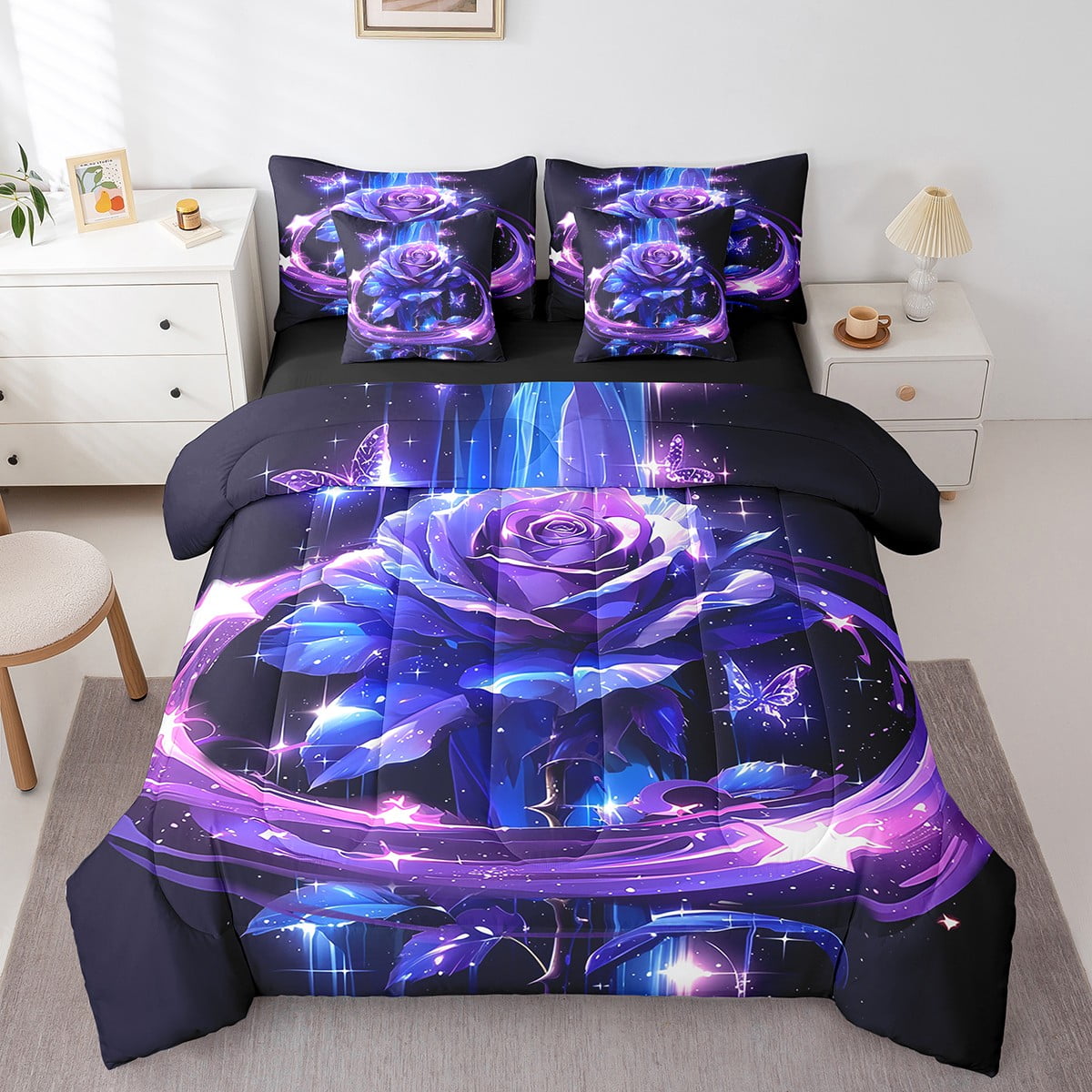 Purple Blue Rose Twin Bed in a Bag 7 Piece,Romantic Flowers Rose ...