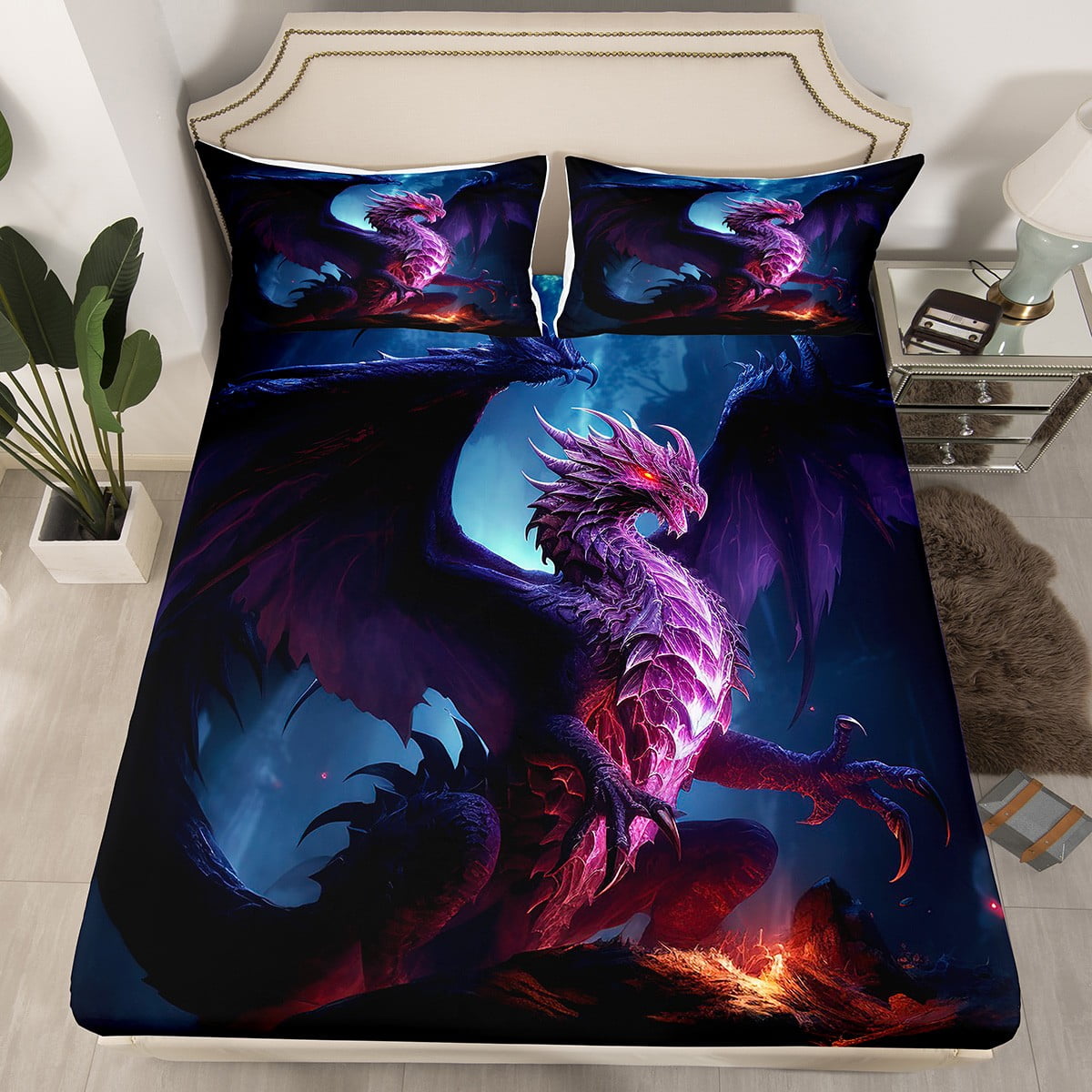 Erosebridal Purple Dragon Queen Fitted Sheet,Gothic Bedding Set Dragon ...