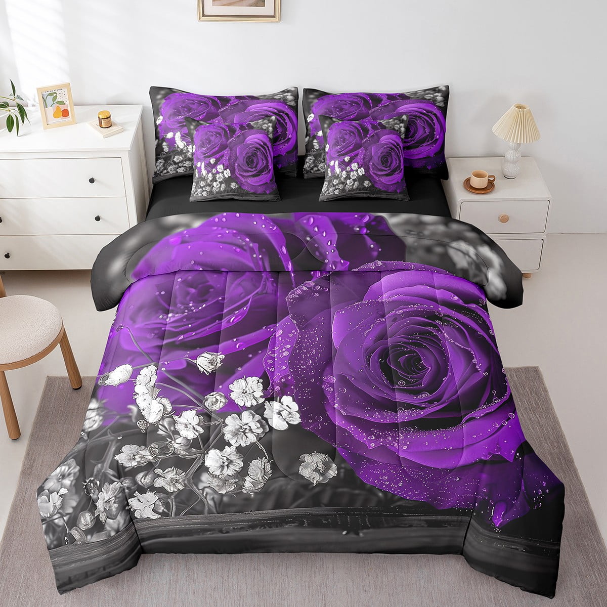 Erosebridal Purple Floral 7 Pcs Comforter Set Full,Romantic Purple Rose ...