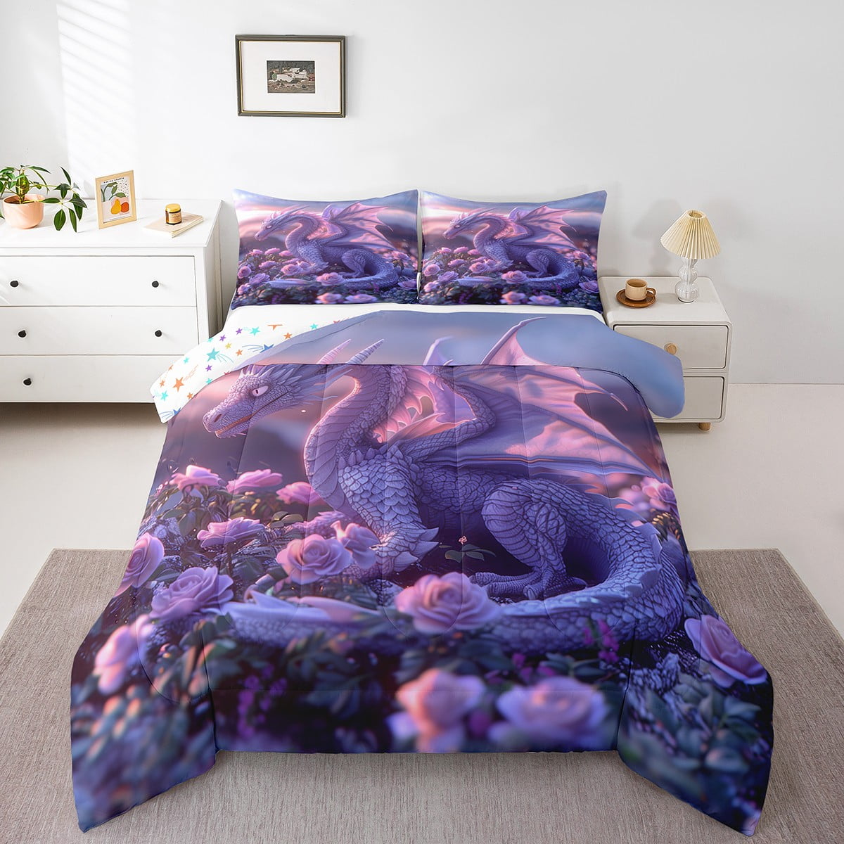 YST Purple Floral Dragon Twin Comforter Set,Western Dragon Bedding Set ...