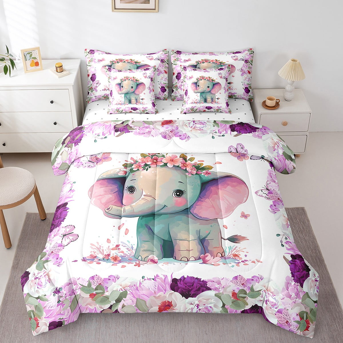 Purple Floral Elephant Comforter Set Twin 7 Piece Wildlife Animal ...