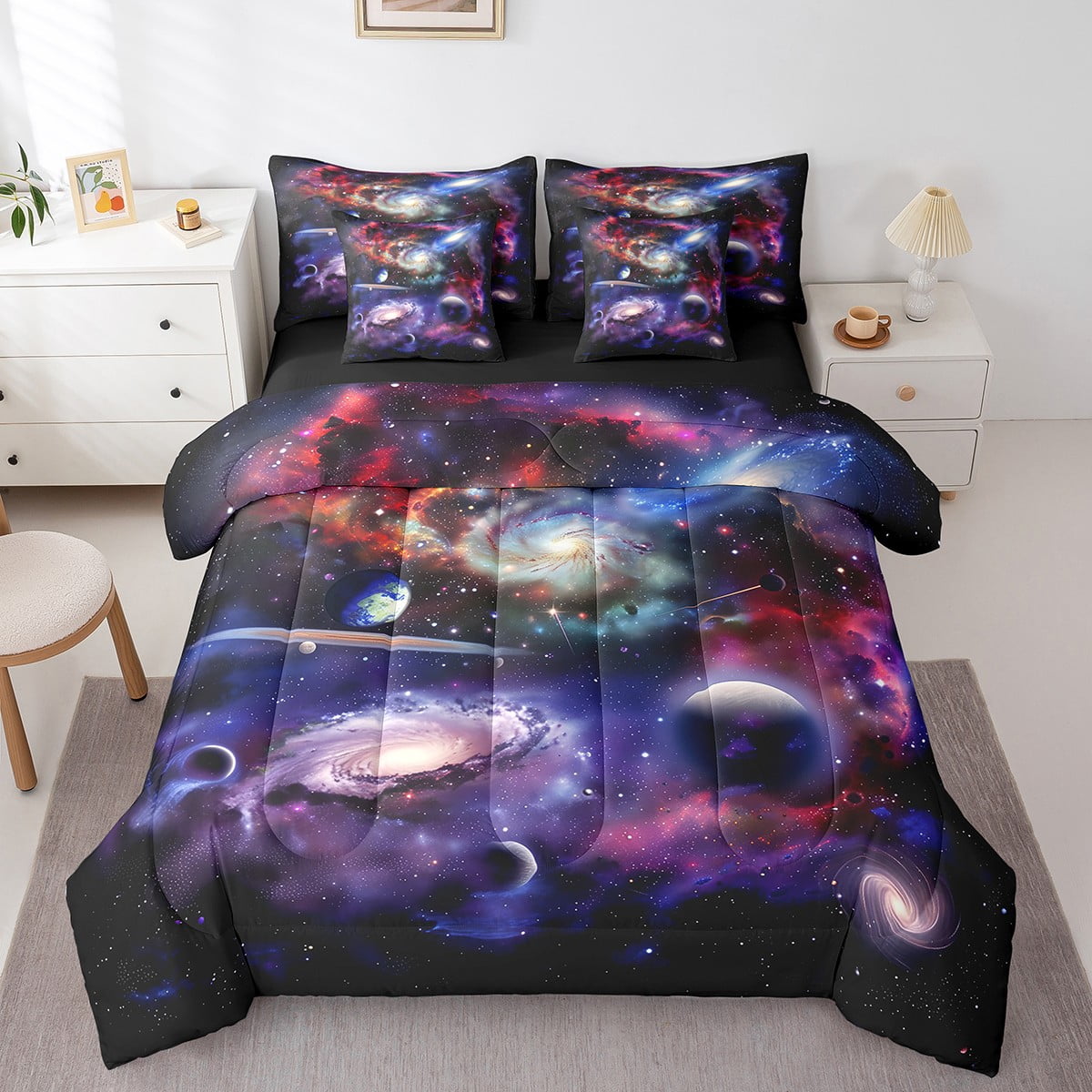 Purple Galaxy Bed In A Bag Starry Sky Quilt with Flat Fitted Sheet ...