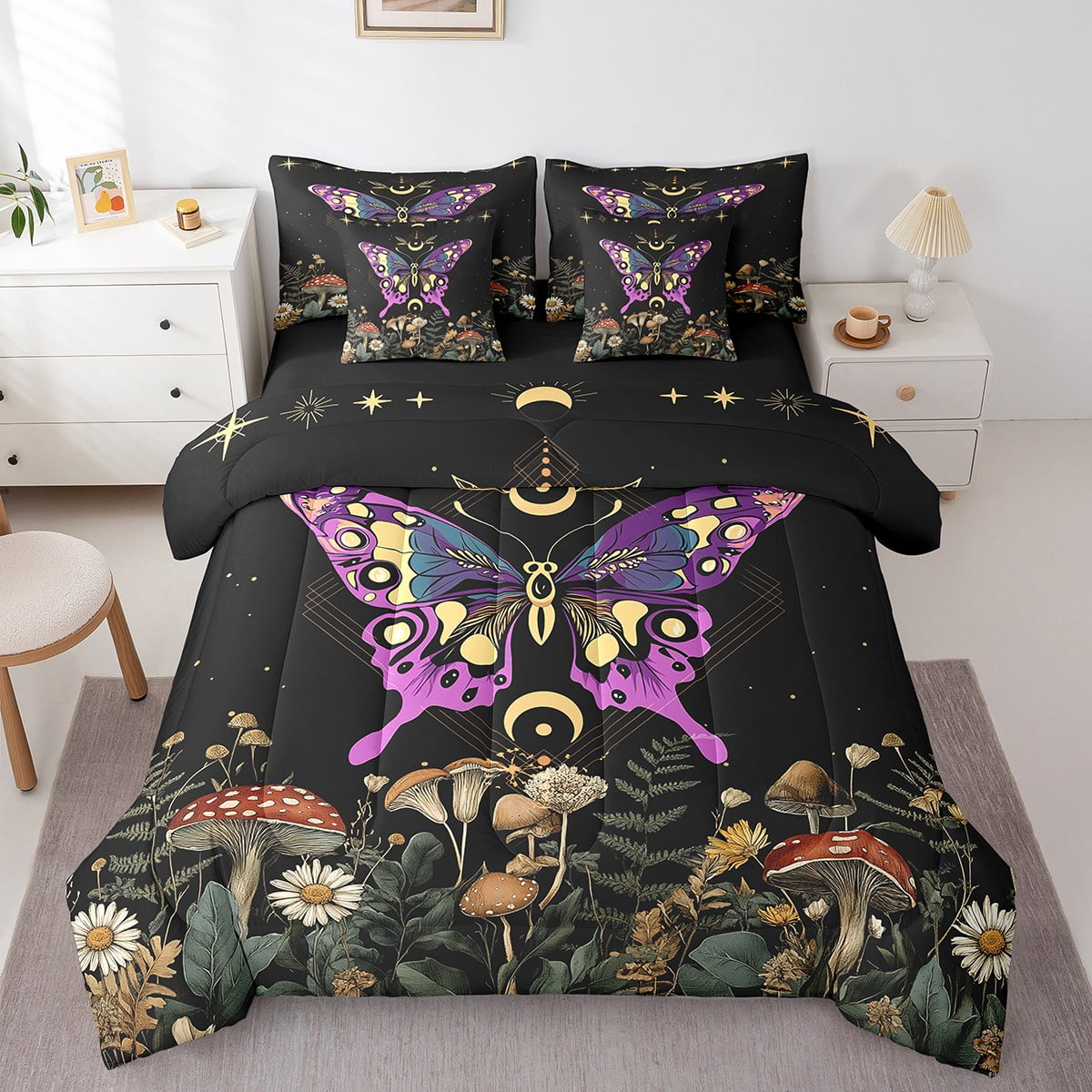 YST Purple Gothic Moth 7 Pieces Bedding Set Trippy Butterfly Mushroom ...