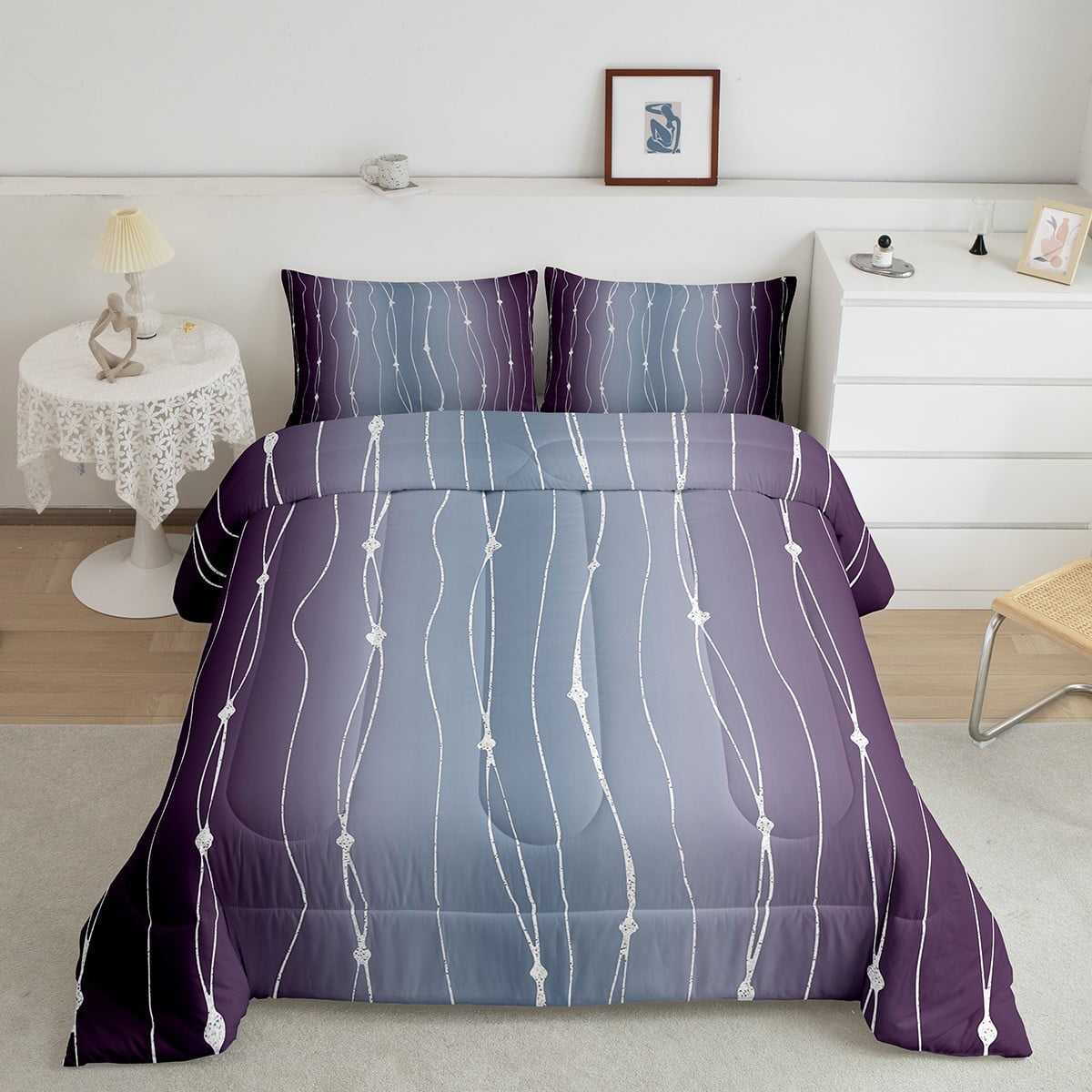 Purple and Grey Ombre Bedding Set King Aesthetic Geometric Comforter ...