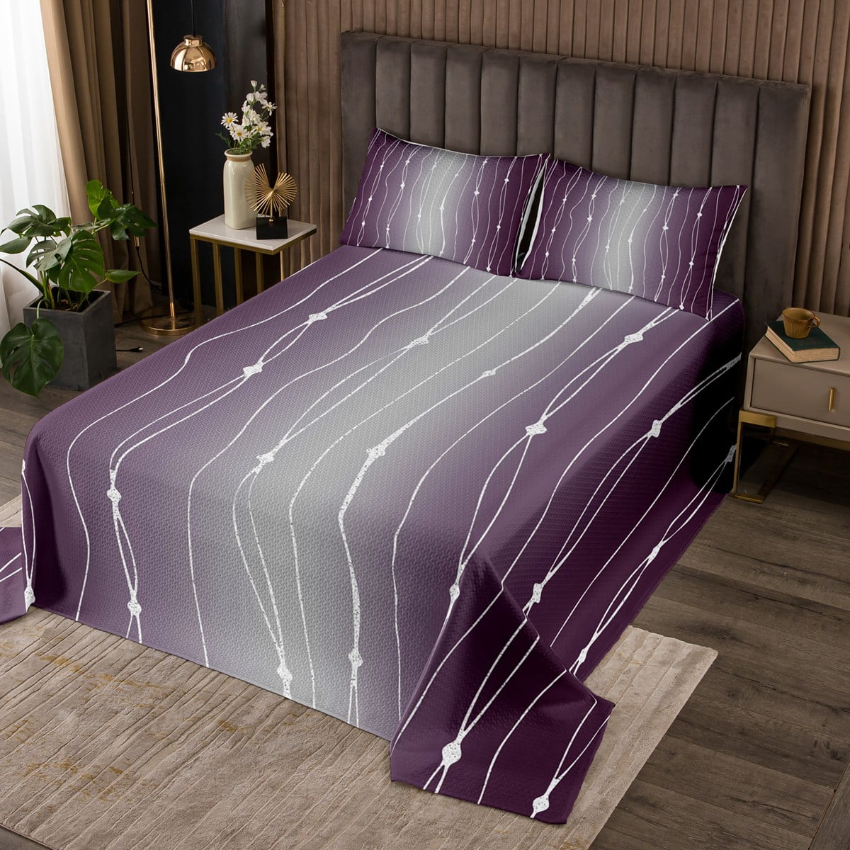 Erosebridal Purple and Grey Watercolor Bedspread Twin Size Wave Lines ...