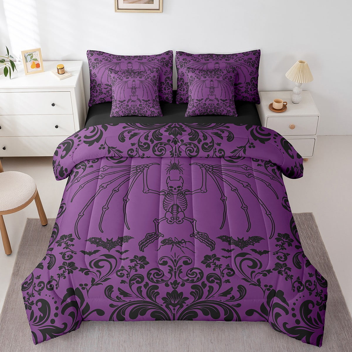 Purple Halloween Moth Bedding Set 7 Piece Black Gothic Spider Bats ...