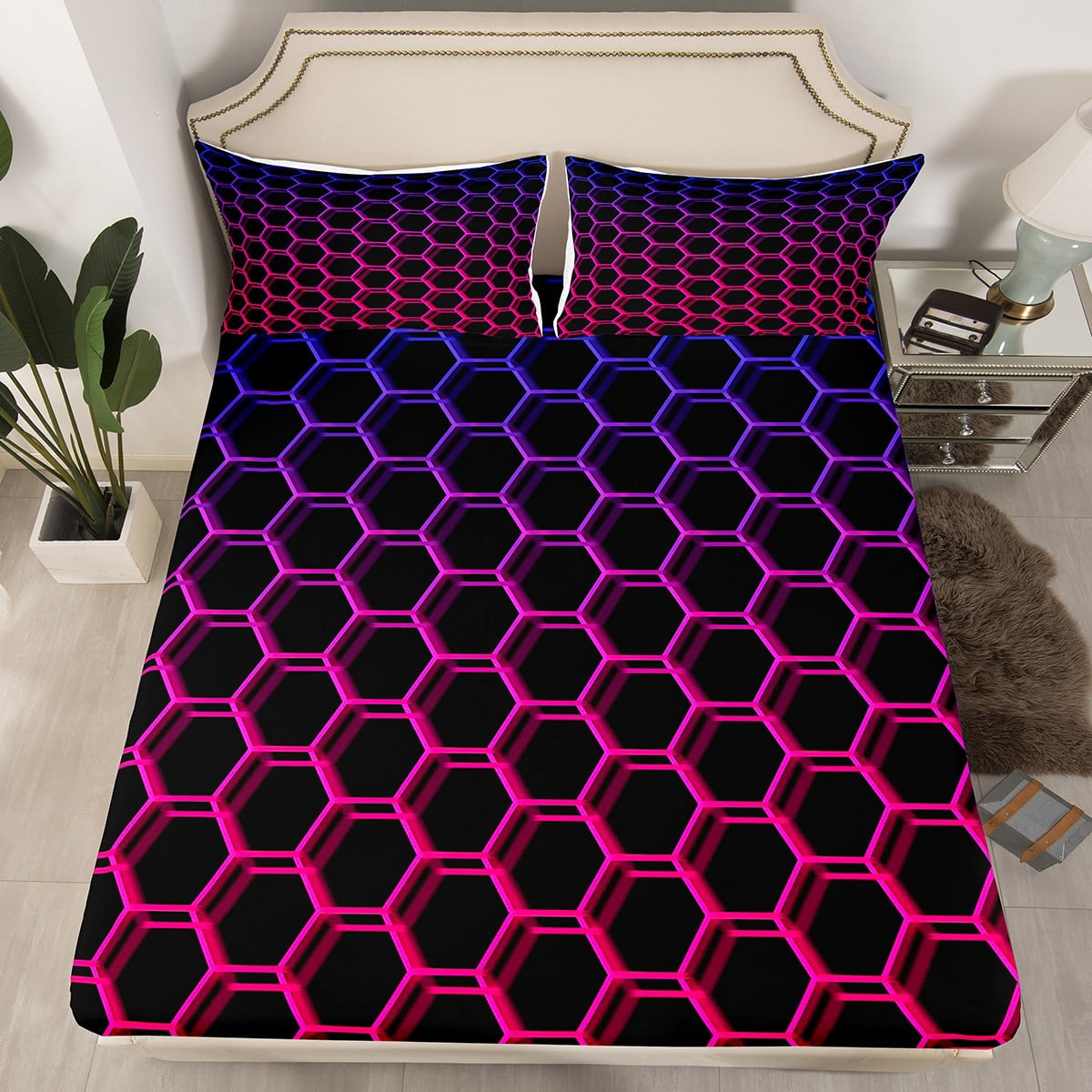 YST Purple Honeycomb Fitted Sheet Twin,Geometric Hexagonal Bed Sheets ...