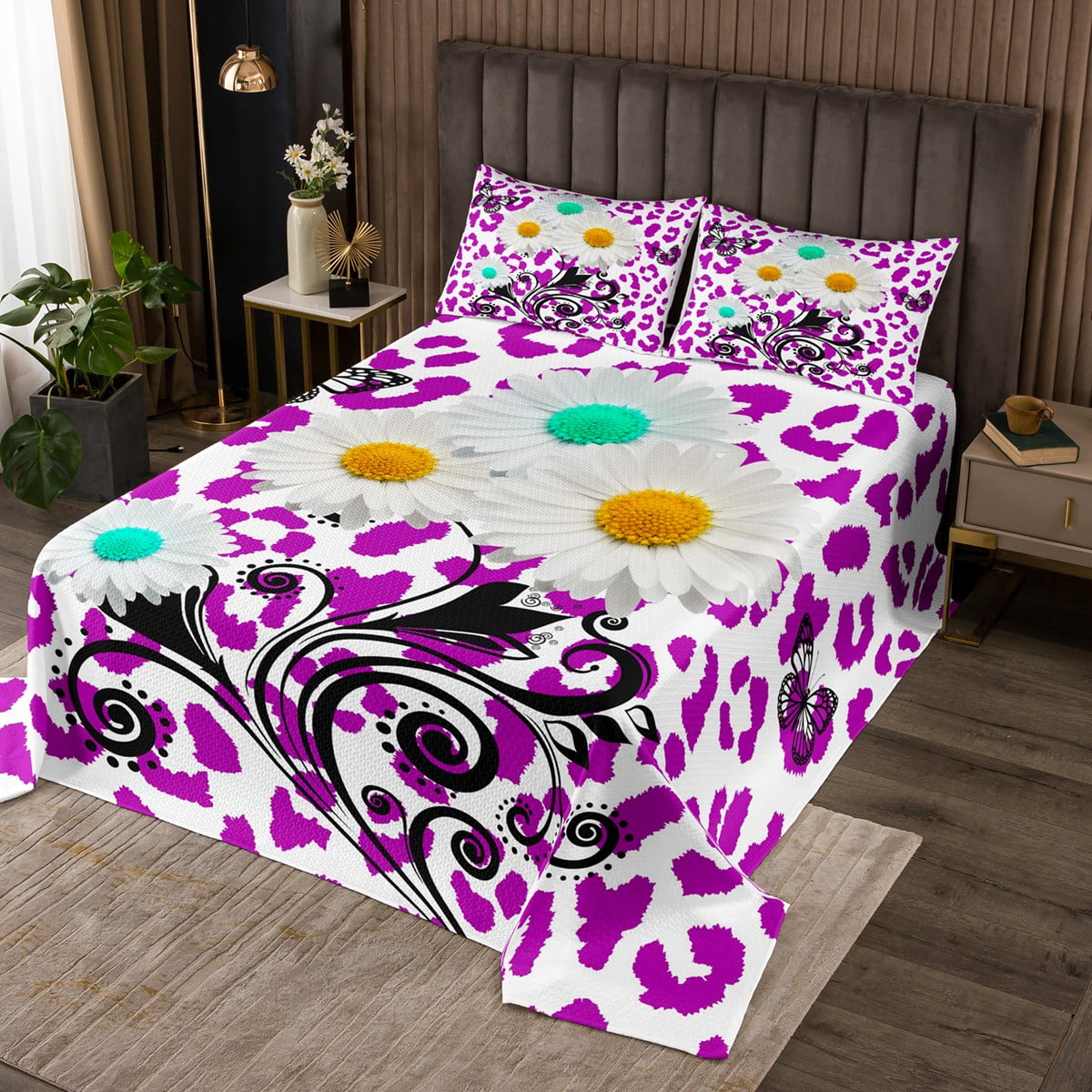 YST Purple Leopard Print King Quilt Set Girly Daisy Floral Coverlet Set ...