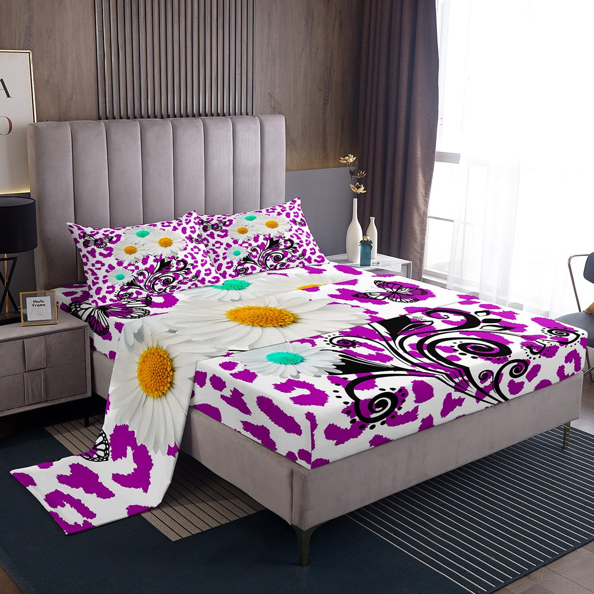Yst Purple Leopard Print Twin Sheets Girly Daisy Floral Bed Set