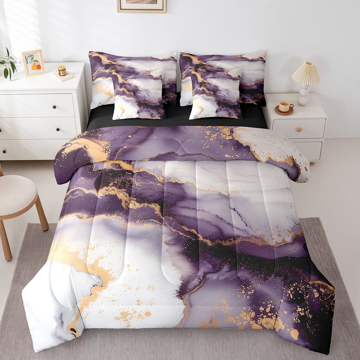 YST Purple Marbling Bed in a Bag 7-Piece Watercolor Aesthetic Bedding ...