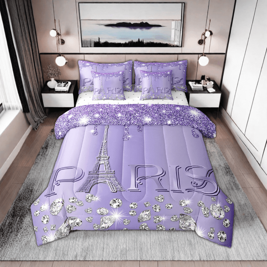Erosebridal Purple Paris Comforter Set Queen,Eiffel Tower Bed in A Bag ...