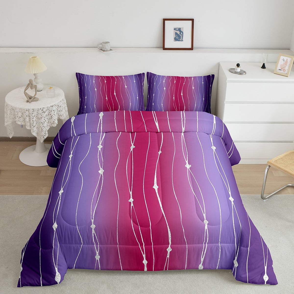 YST Purple and Pink Bedding King Gradient Ombre Comforter Set, Wave Lines Dots Bedding Comforter ...