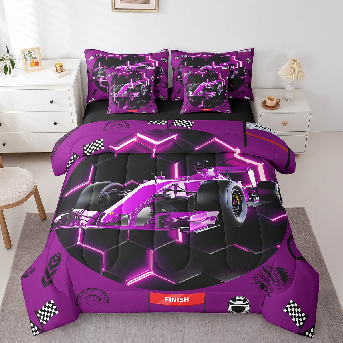 Purple Race Car 7 Piece Comforter Set Full Neon Honeycomb Racing Car ...