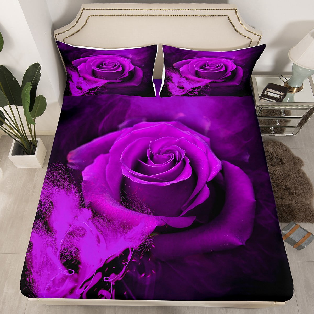 YST Purple Rose Floral Bed Sheets Set Queen 3 Piece, Ombre Rose Black ...