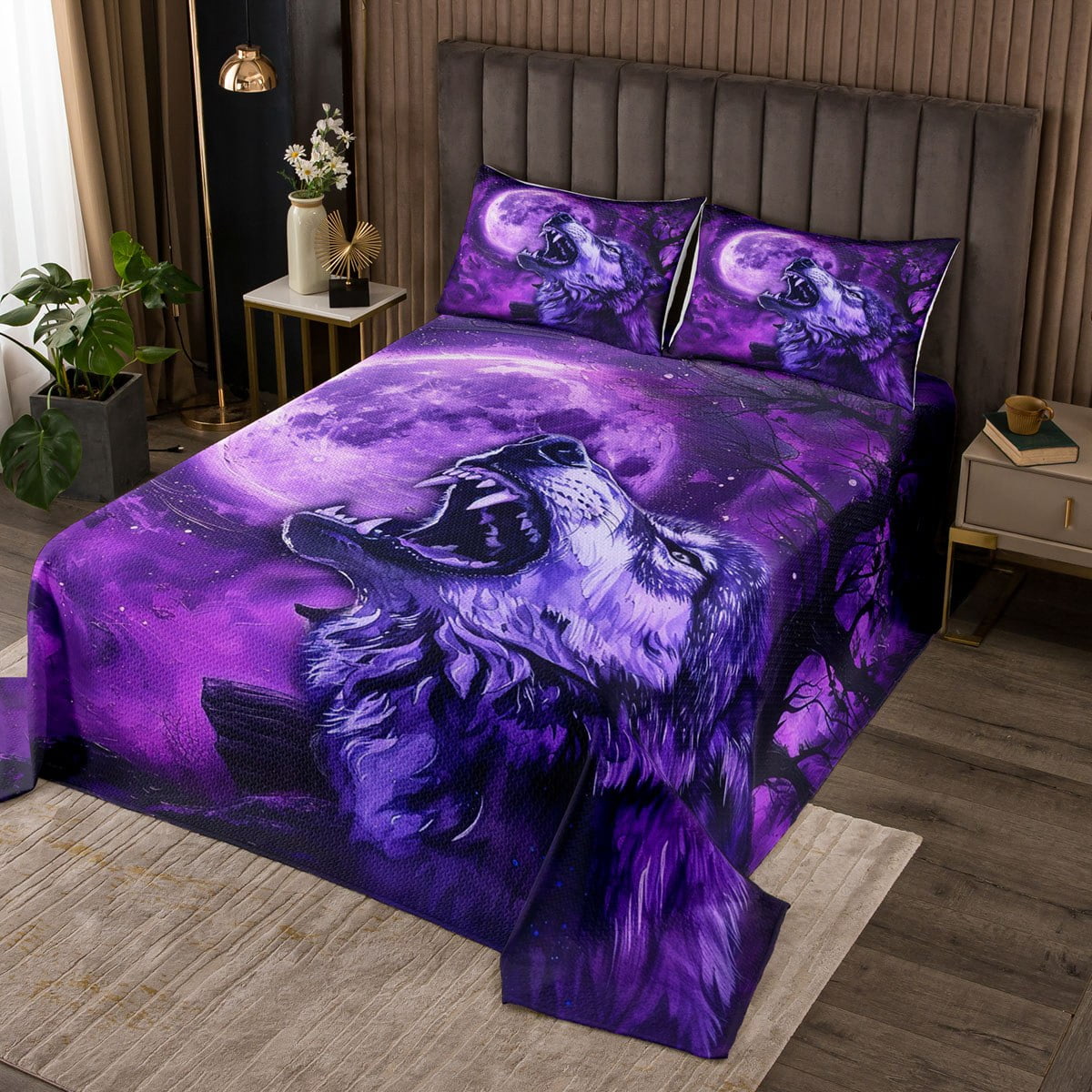 Erosebridal Purple Wolf Bedspread Queen Size,Moon Galaxy Wolf Quilt Set ...