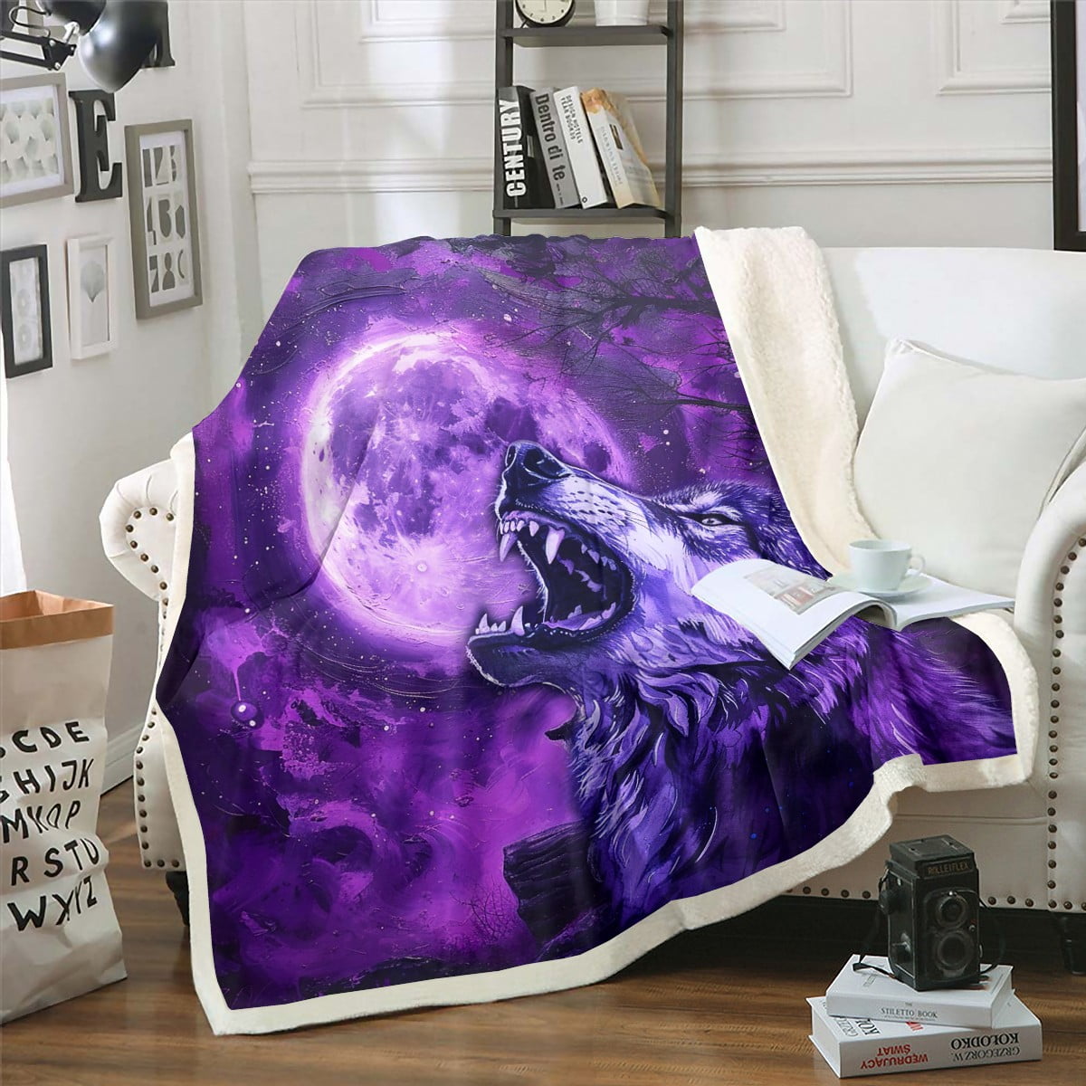Purple Wolf Blanket for Living Room,Moon Galaxy Wolf Throw Blanket ...