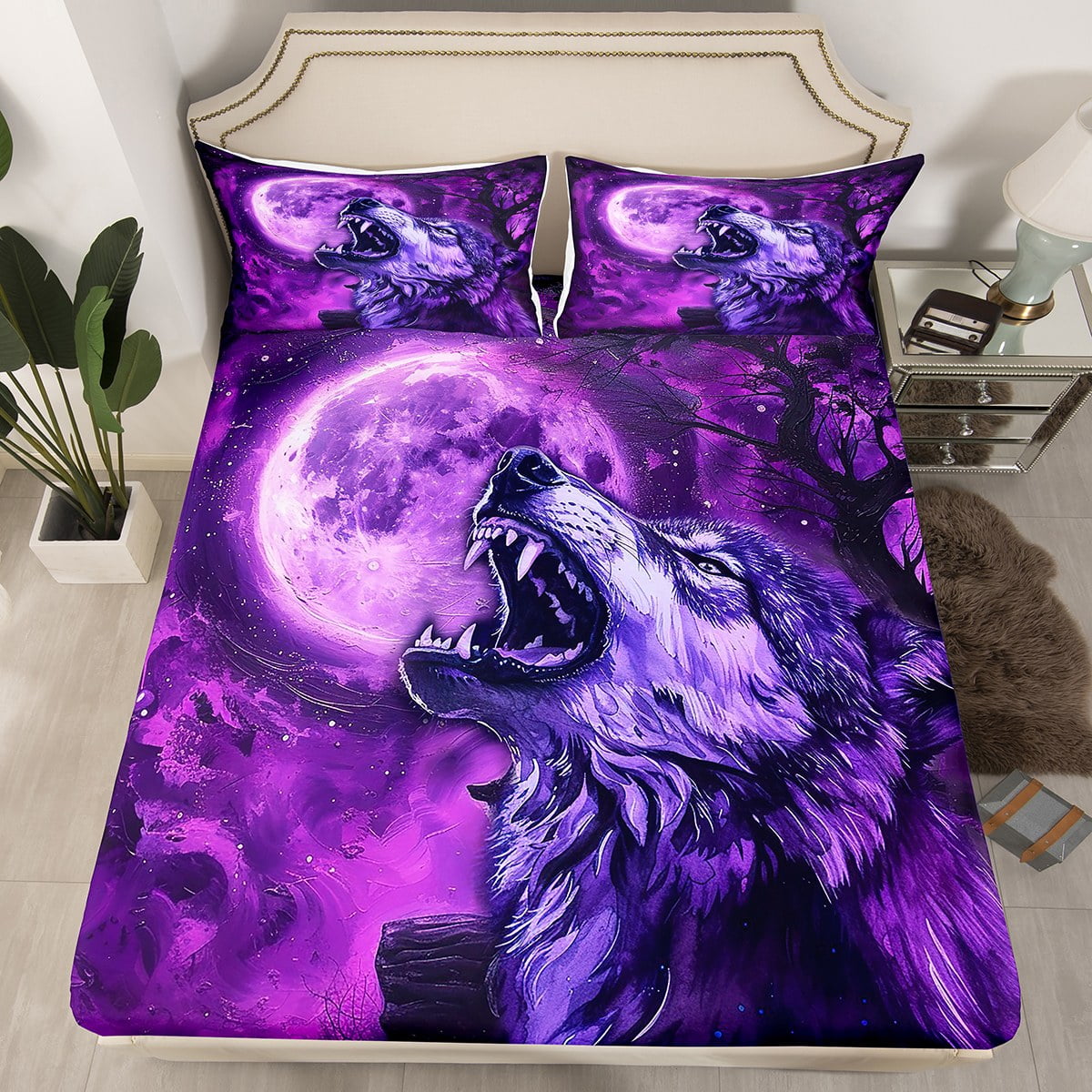 Erosebridal Purple Wolf Fitted Sheet Full Size,Moon Galaxy Wolf Bedding ...
