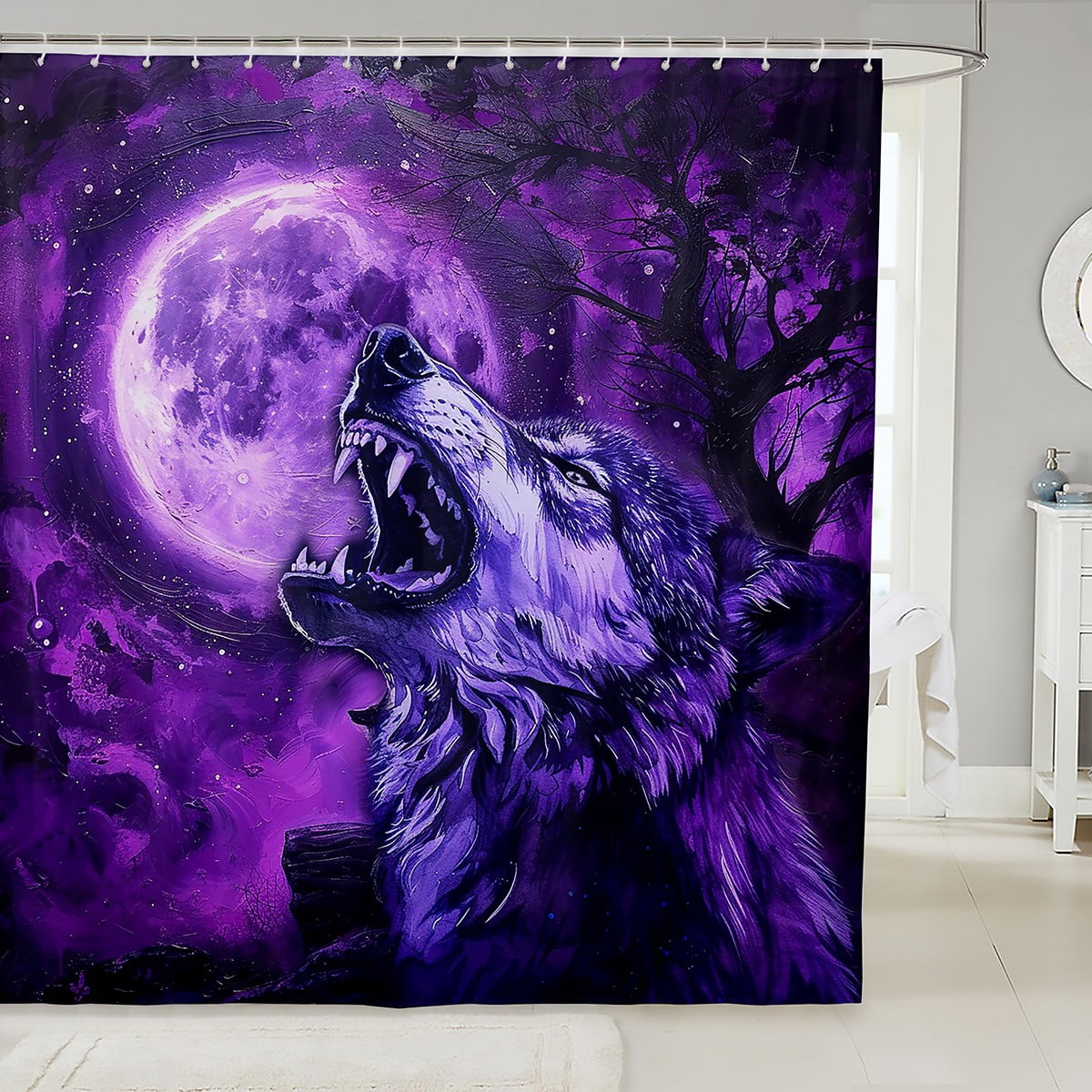 Purple Wolf Shower Curtain Set for Bathroom,Moon Galaxy Wolf Bathroom ...