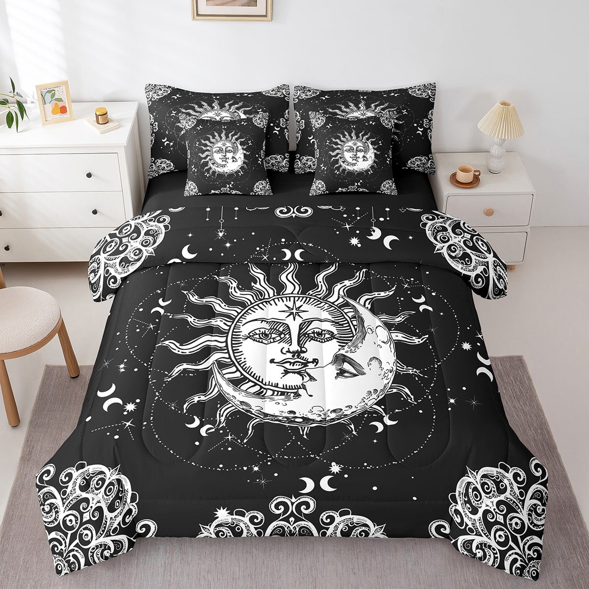 Queen Bed in a Bag Sun and Moon Comforter Set with Sheets 7Pieces All ...