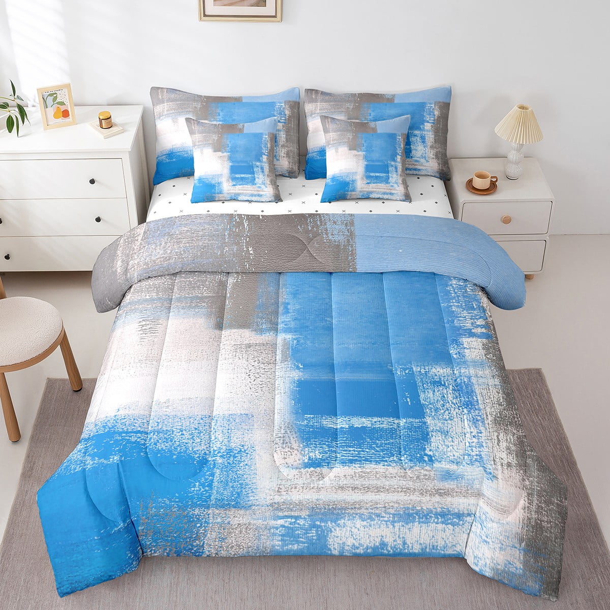 Erosebridal Queen Blue White Gray Comforter Set 7 Piece,Vintage Ombre ...