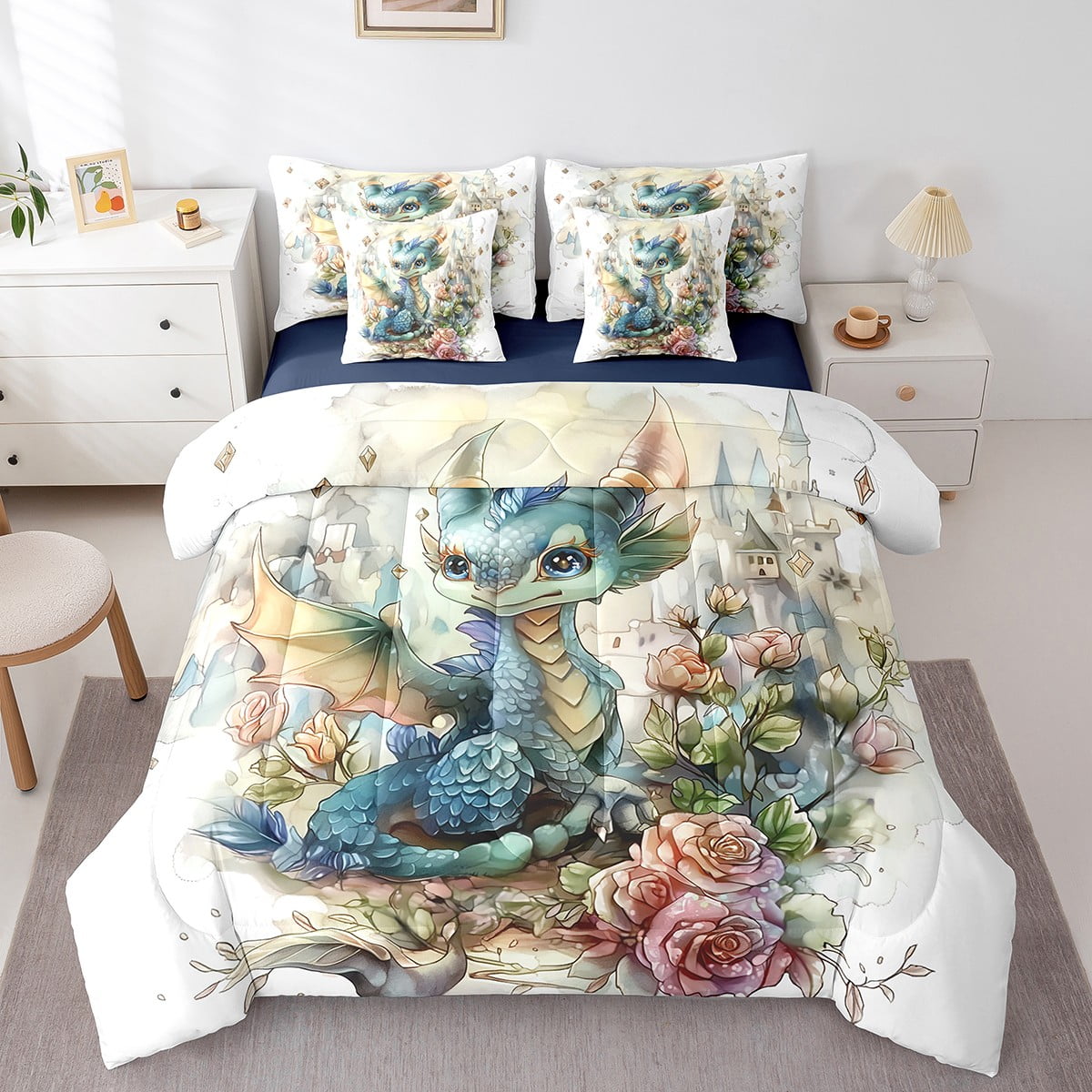 YST Queen Dragon Comforter Set 7 Pieces, Cute Loong Bed In A Bag For ...